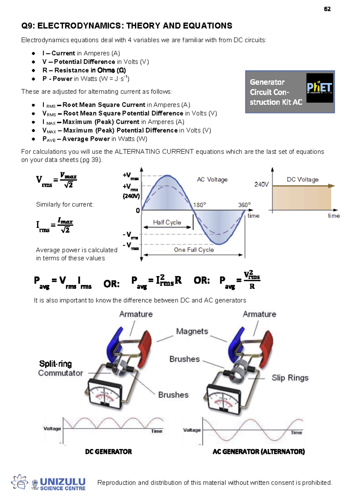 Booklet Part 6.9 Equations Electrodynamics and AC pages 62 - 65 - Q9: ELECTRODYNAMICS: THEORY ...