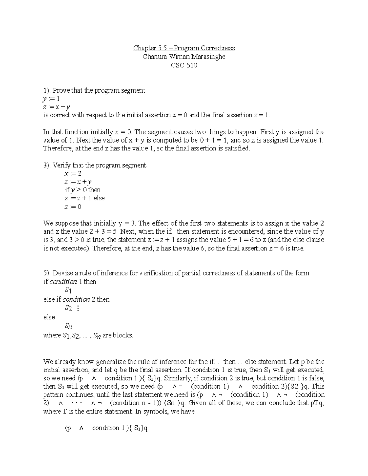 Chapter 5.5 Assignment - Chapter 5 – Program Correctness Chanura Wiman Marasinghe CSC 510 1 ...