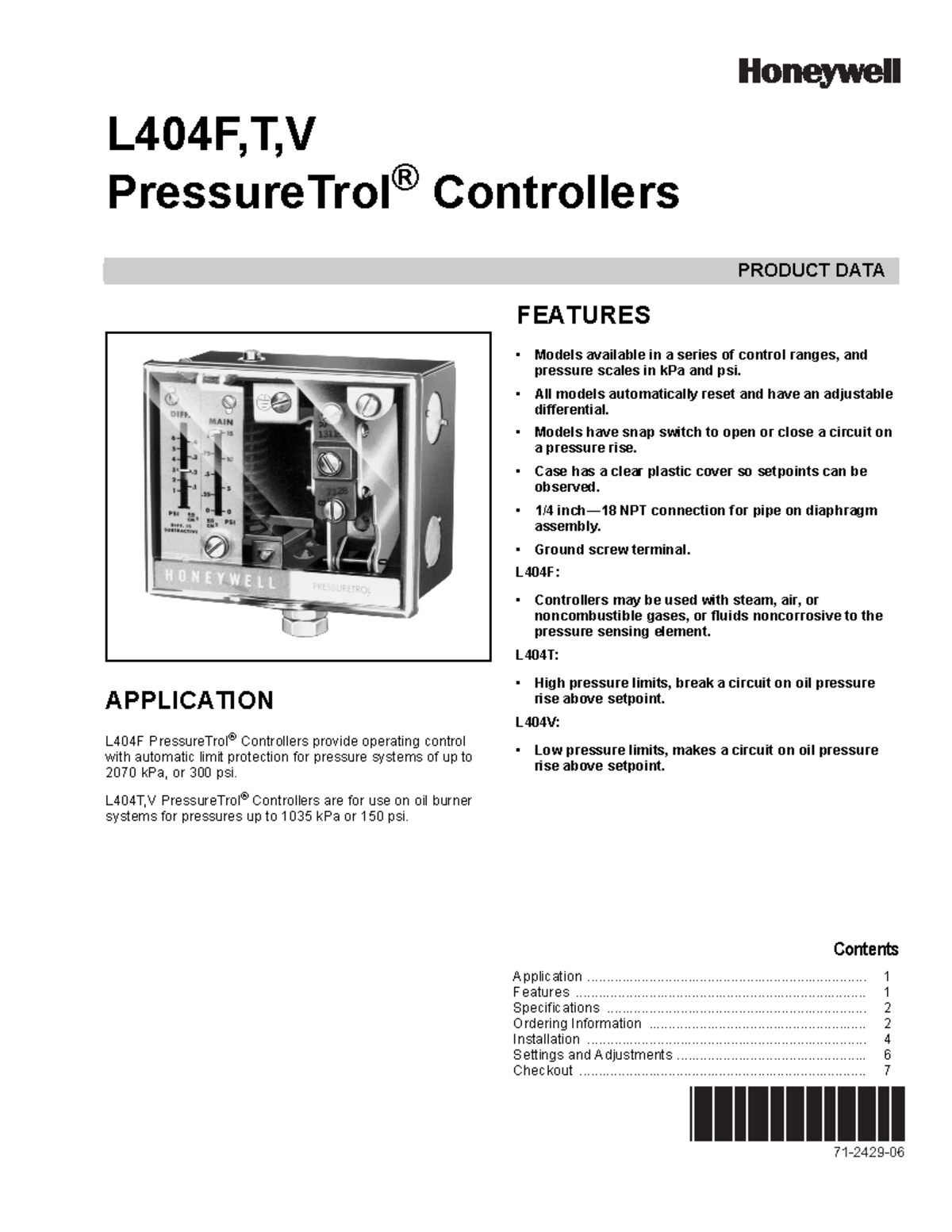 Manual Honeywell L404F - PRODUCT DATA ####### 71-2429- L404F,T,V ...