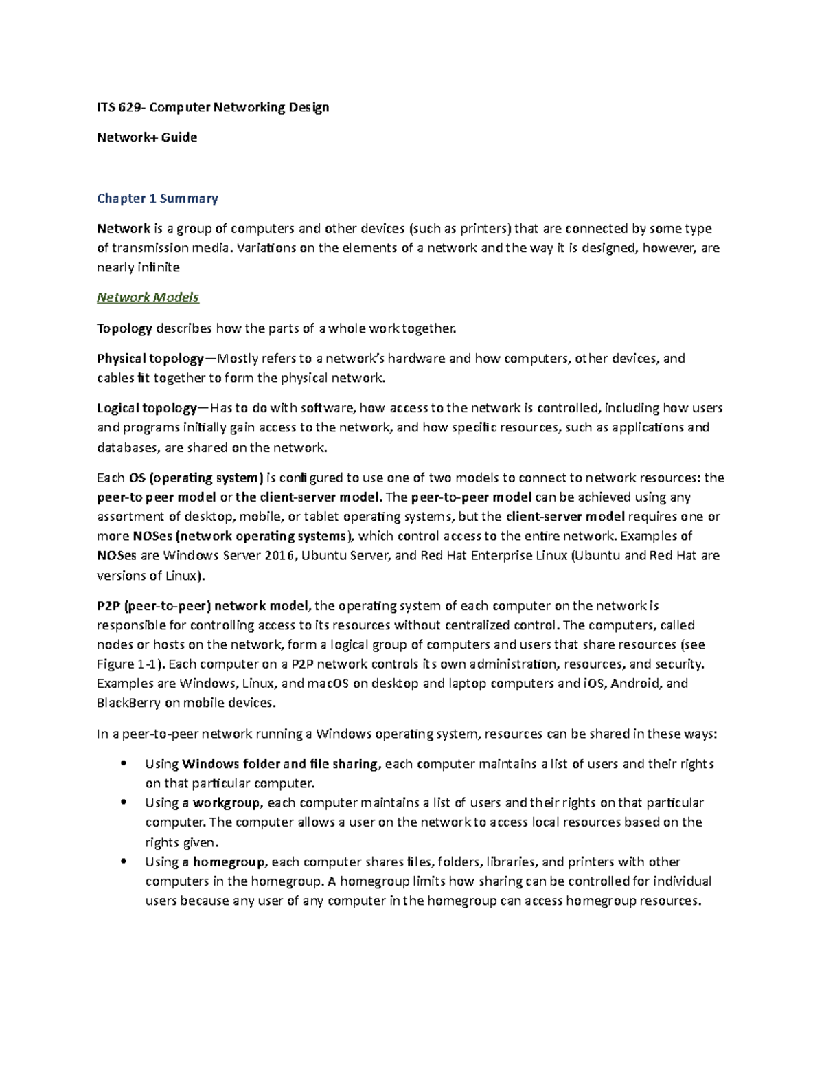 Chapter 1 Summary - ITS 629- Computer Networking Design Network+ Guide Chapter 1 Summary Network ...