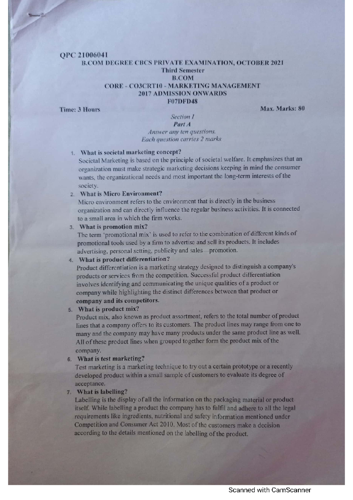 Marketing management oct 2021 answer key - B.com computer application ...