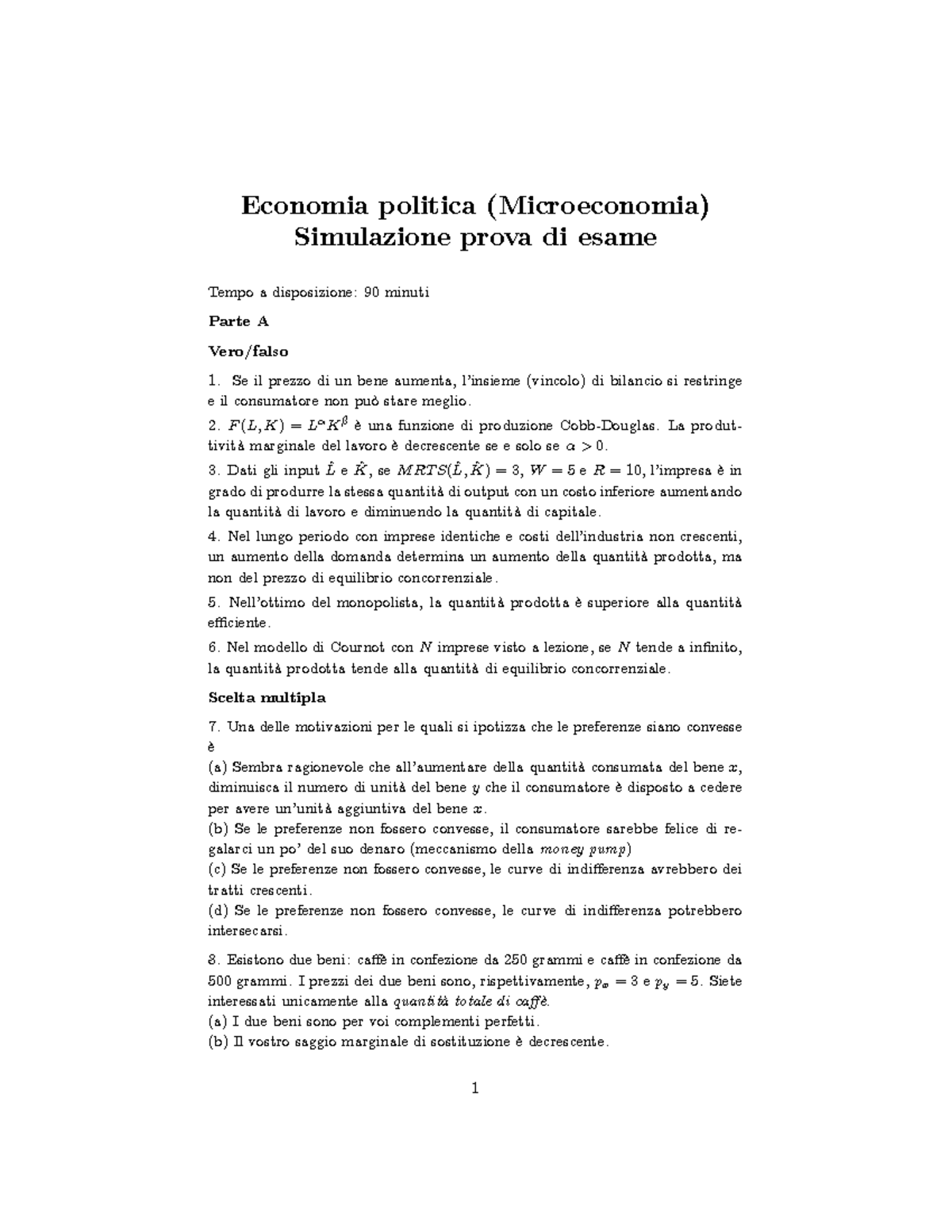 Fac simile prova esame 2022-23 - Economia politica (Microeconomia ...