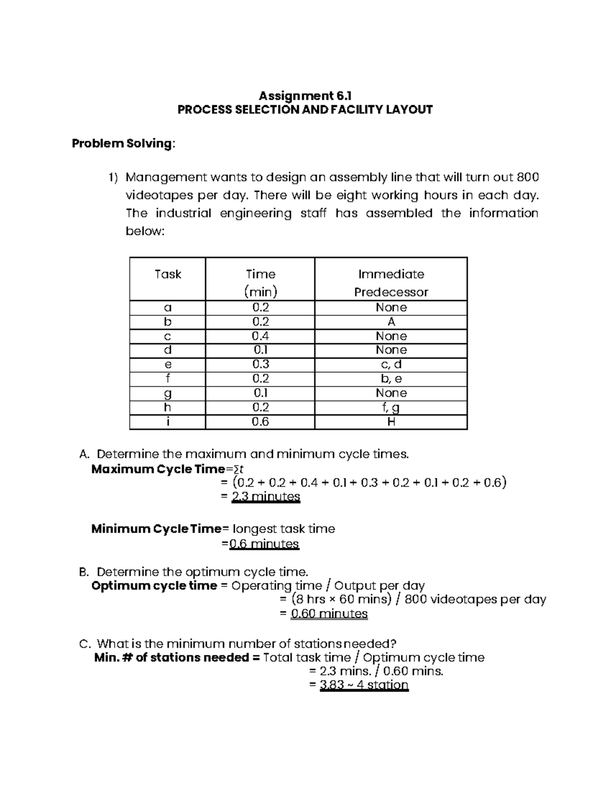Process Selection AND Facility Layout Assignment - Assignment 6 ...