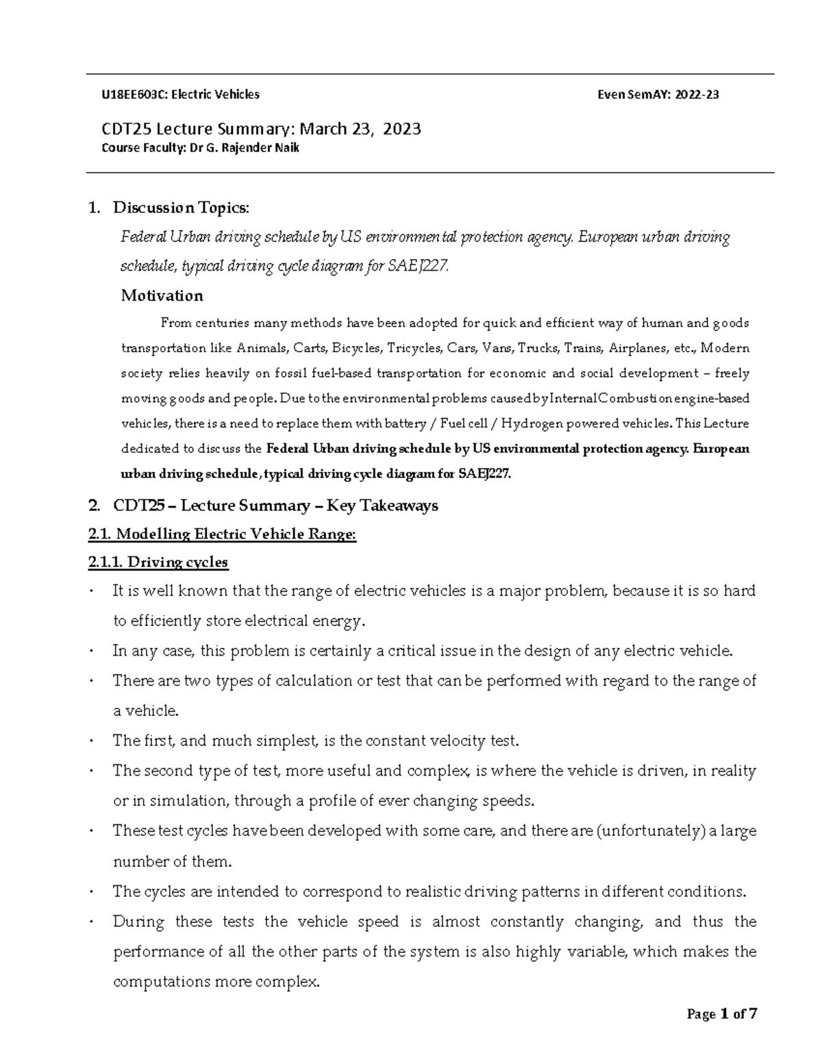 EV CDT25 - Notes in electrical vehicles - U18EE603C: Electric Vehicles ...