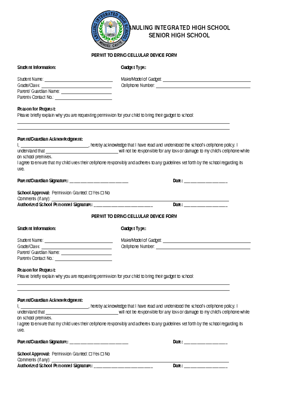 Cellphone Permission form - ANULING INTEGRATED HIGH SCHOOL SENIOR HIGH ...