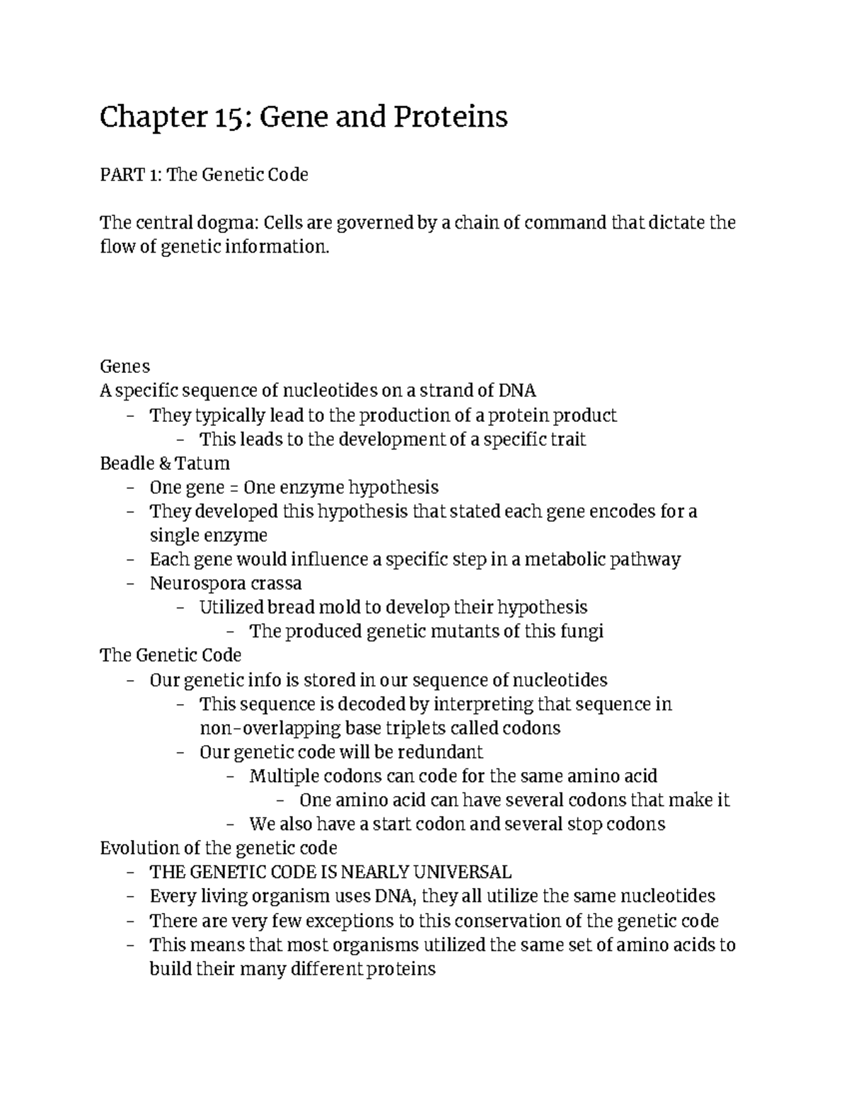 Bio notes chapter 15 - Chapter 15: Gene and Proteins PART 1: The ...