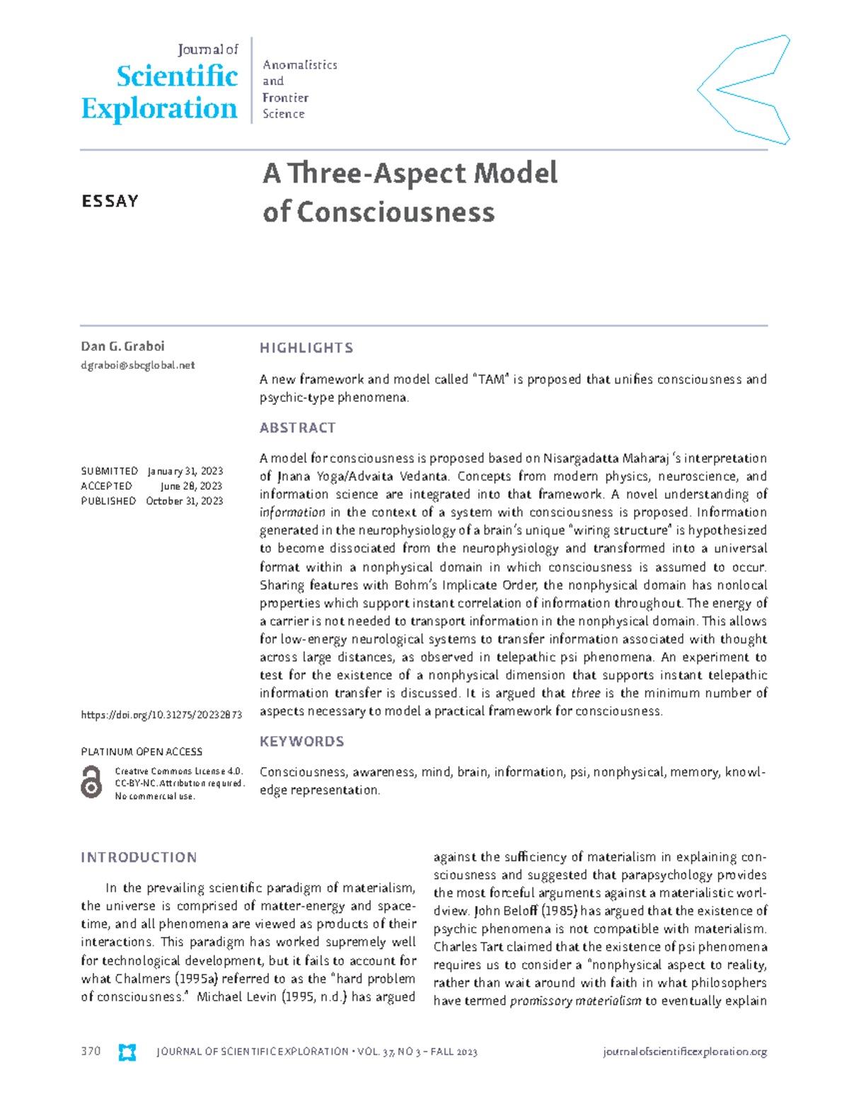 A Three-Aspect Model for Consciousness - Journal of Scientific ...