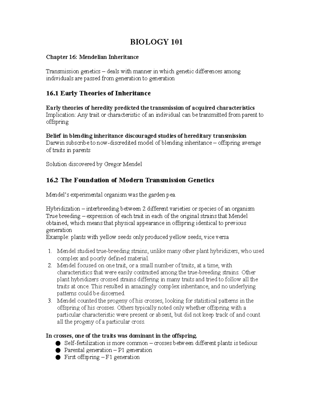 Biology 101 CH16 - Lecture notes 16 - BIOLOGY 101 Chapter 16: Mendelian ...