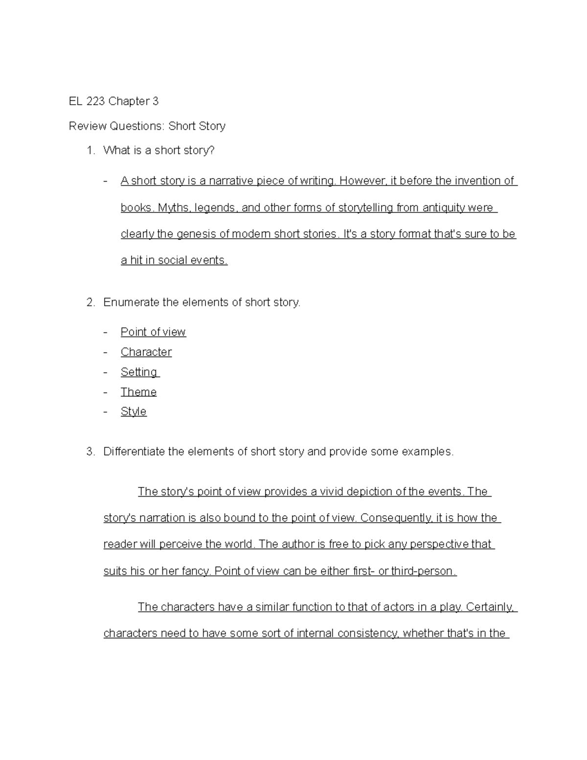 EL 223 Language of Literary Text - Short Story (A Rose for Emily ...