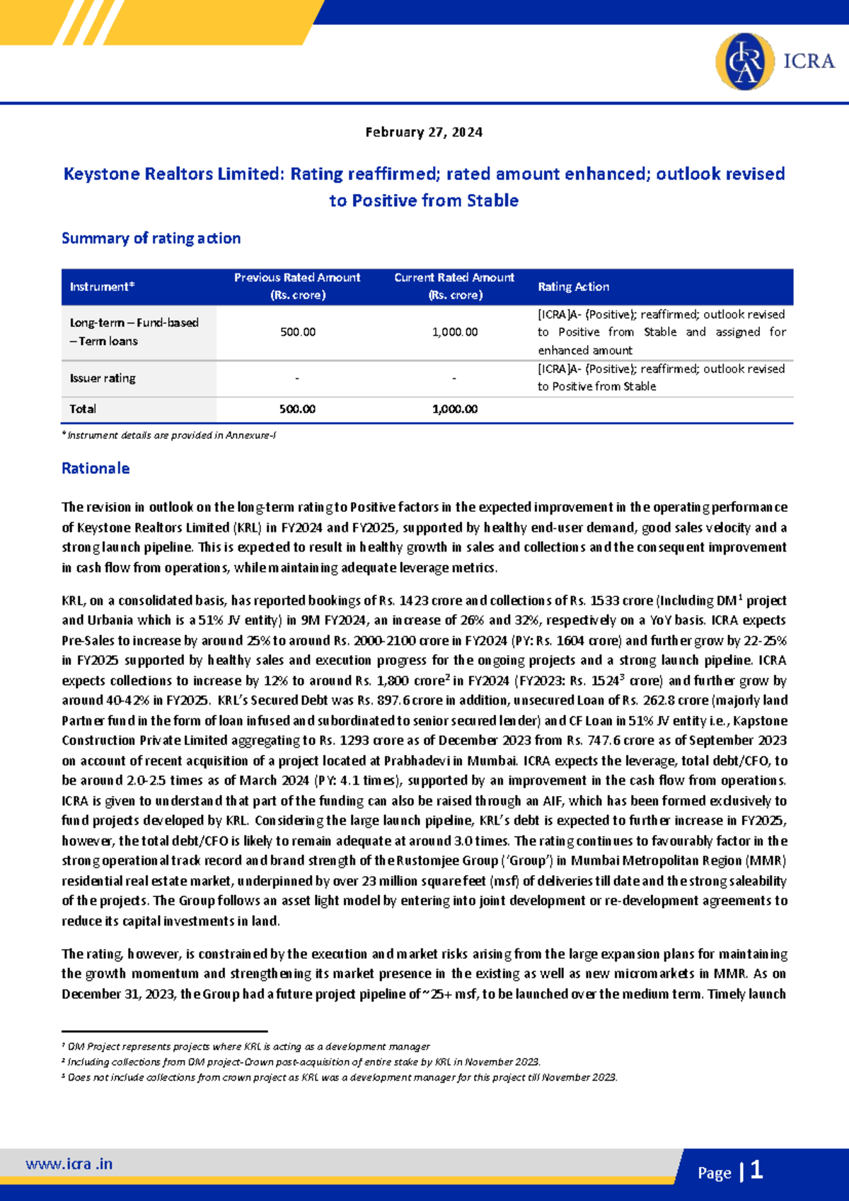 Keystone Realtors Limited - icra .in February 27 , 202 4 Keystone ...