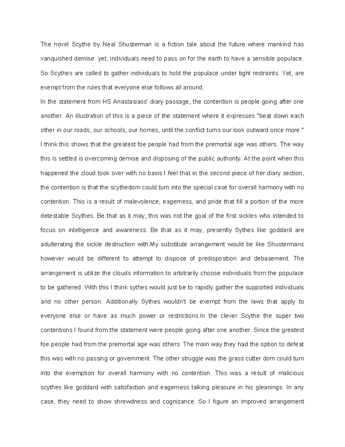 Scythe essay - yes - The novel Scythe by Neal Shusterman is a fiction ...
