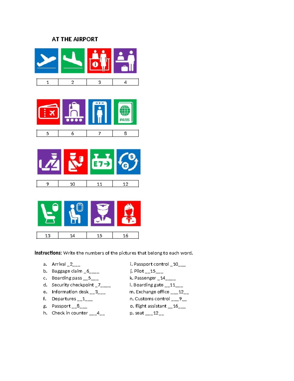 At the Airport Signs Worksheet - AT THE AIRPORT 1 2 3 4 5 6 7 8 9 10 11 ...
