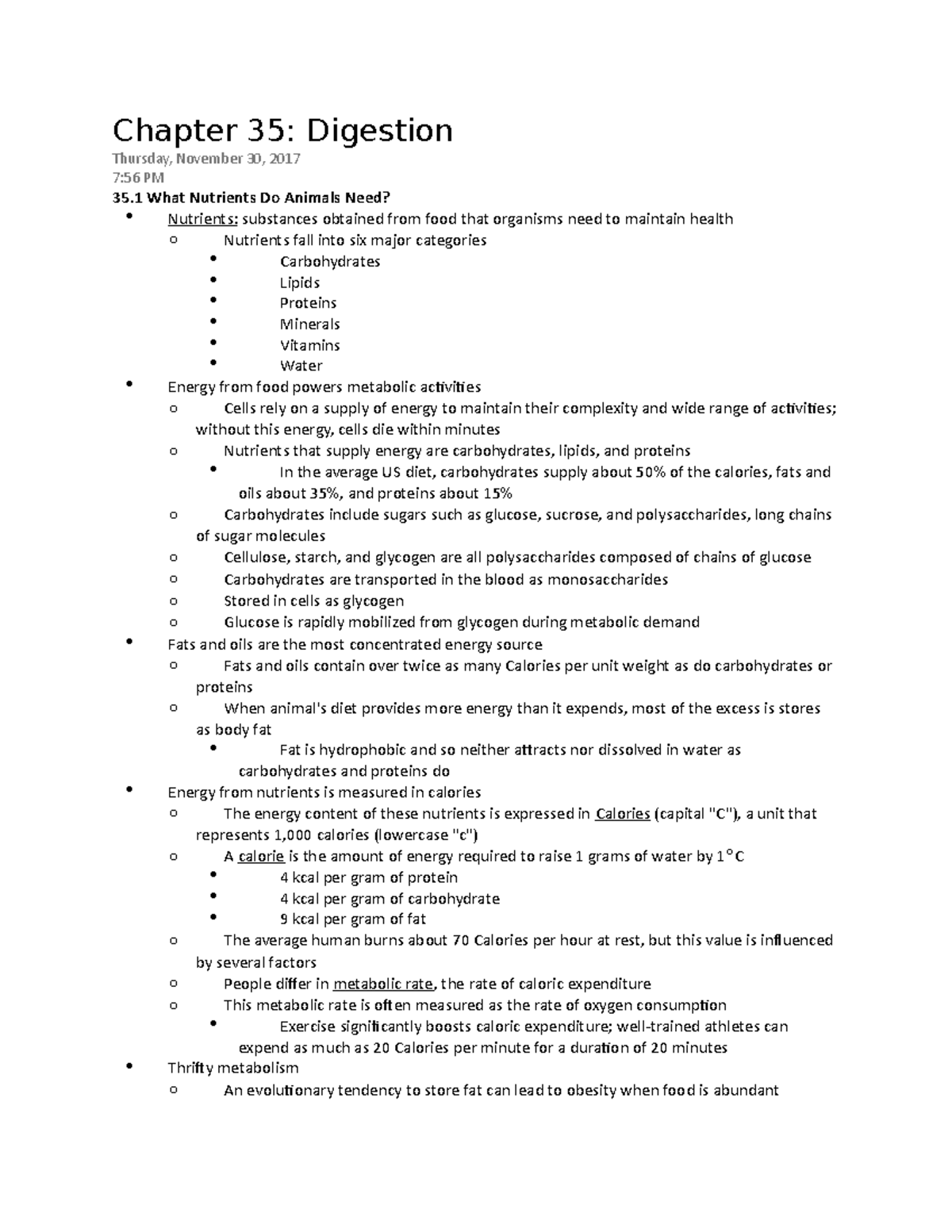 Chapter 35 Digestion - Lecture notes 17 - Chapter 35: Digestion ...
