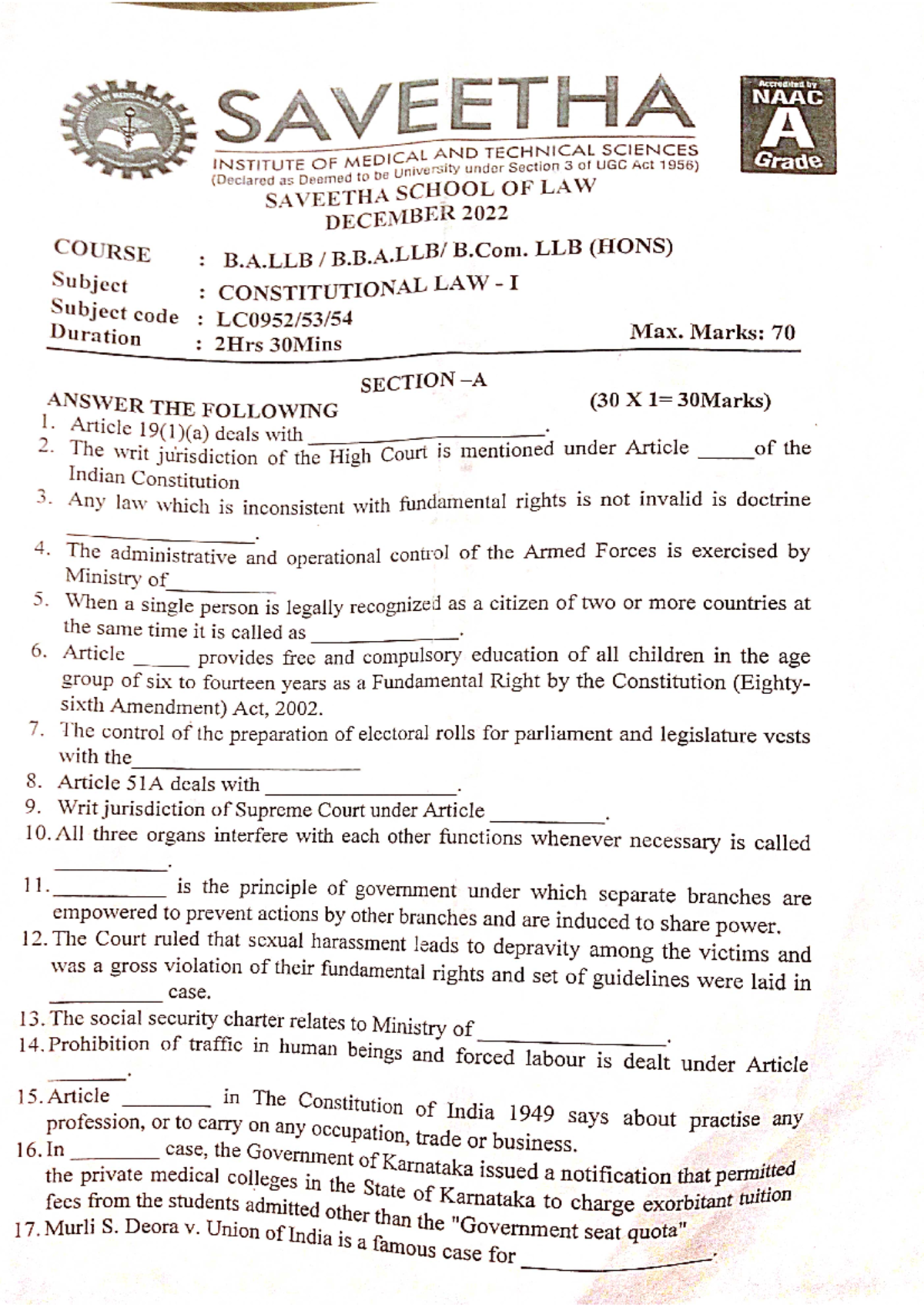 11 - Sample question paper for consti 1 - Constitution Law - Studocu