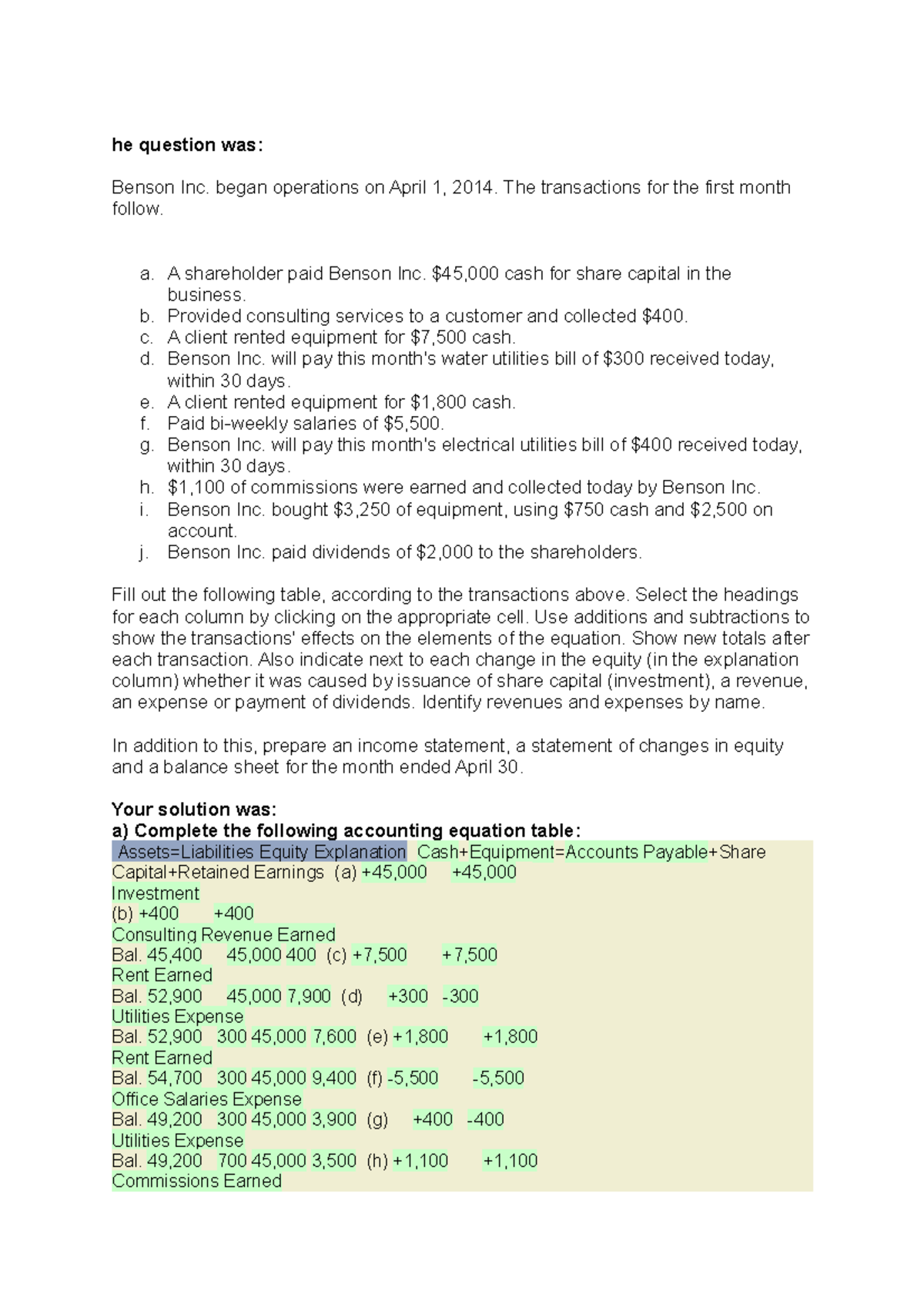 Assignment LAB 1 - My lecture notes - he question was: Benson Inc ...