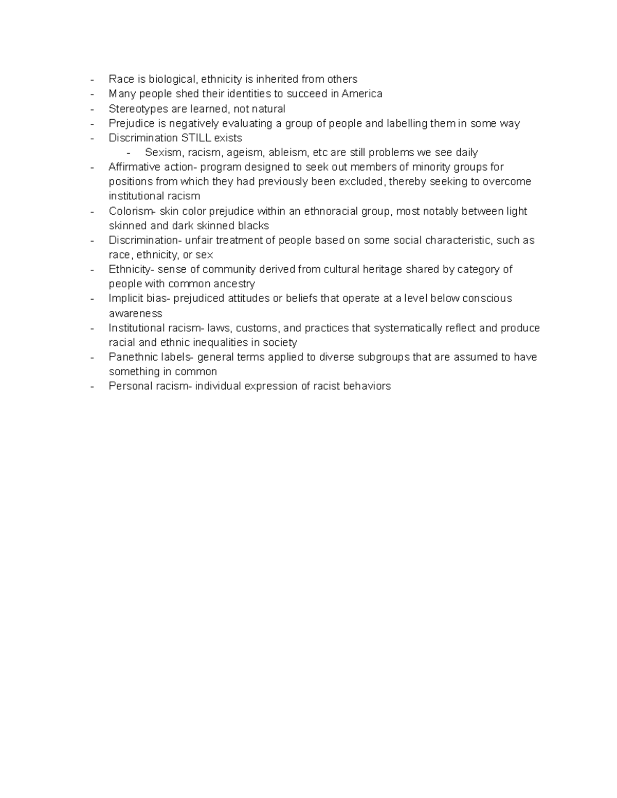 Chap 11 notes - Race is biological, ethnicity is inherited from others ...