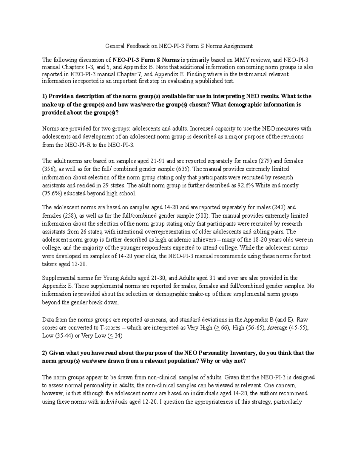 General Feedback on NEO Norms Assignment - General Feedback on NEO-PI-3 ...
