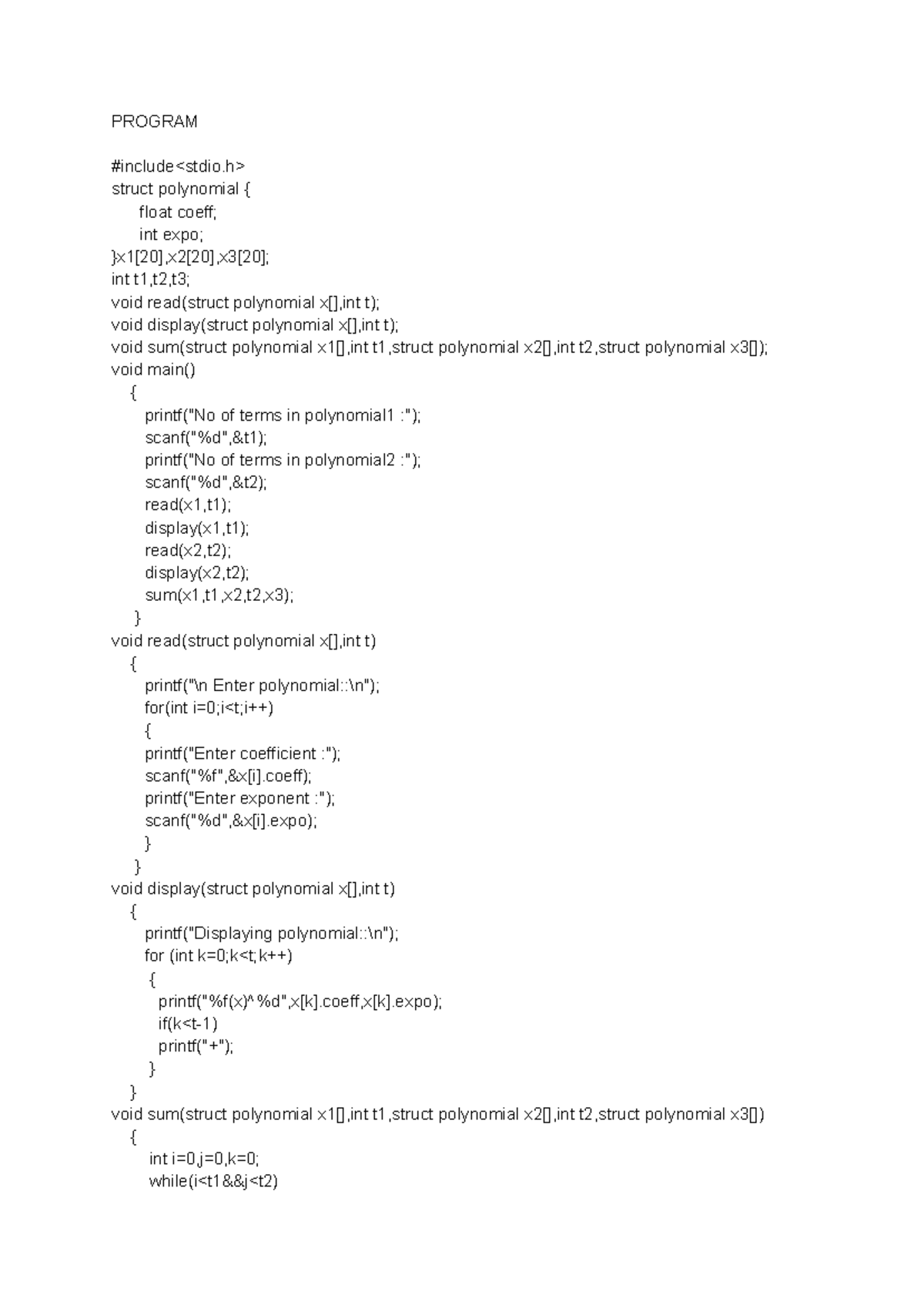 Polyaddition Polynomial Addition Program Include Struct Polynomial