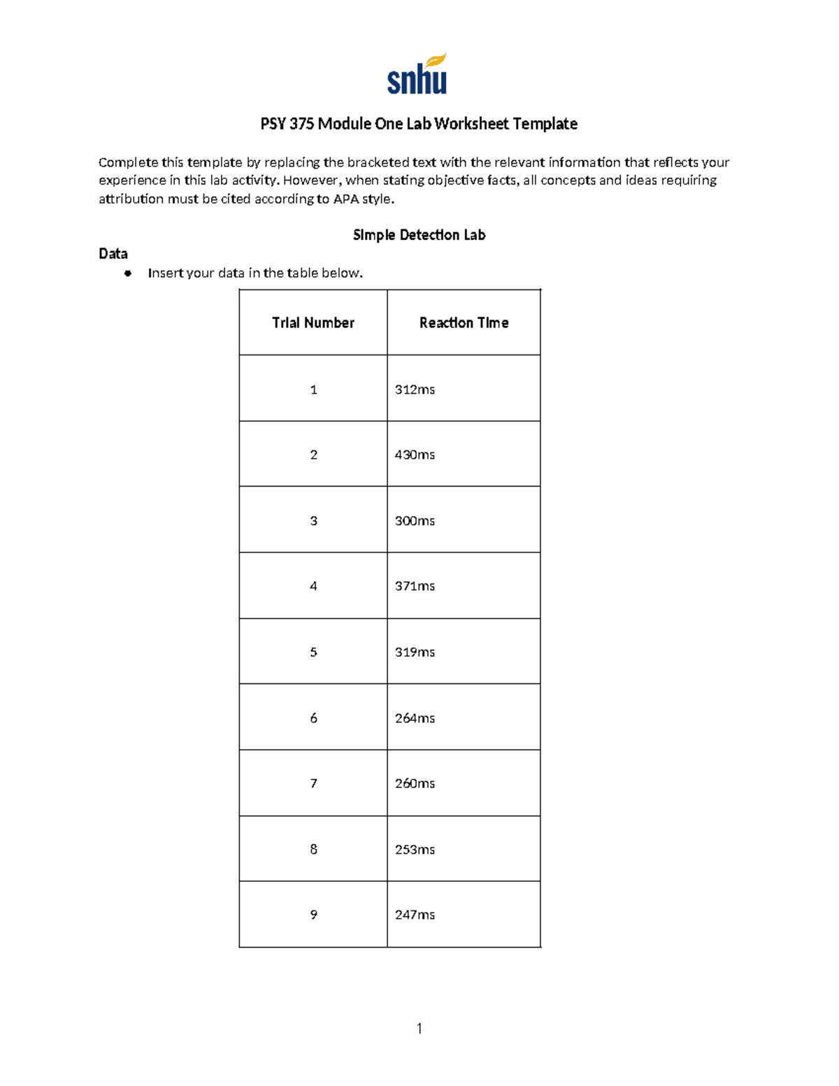 WCaissie Mod 1 Lab Worksheet - PSY 375 Module One Lab Worksheet ...