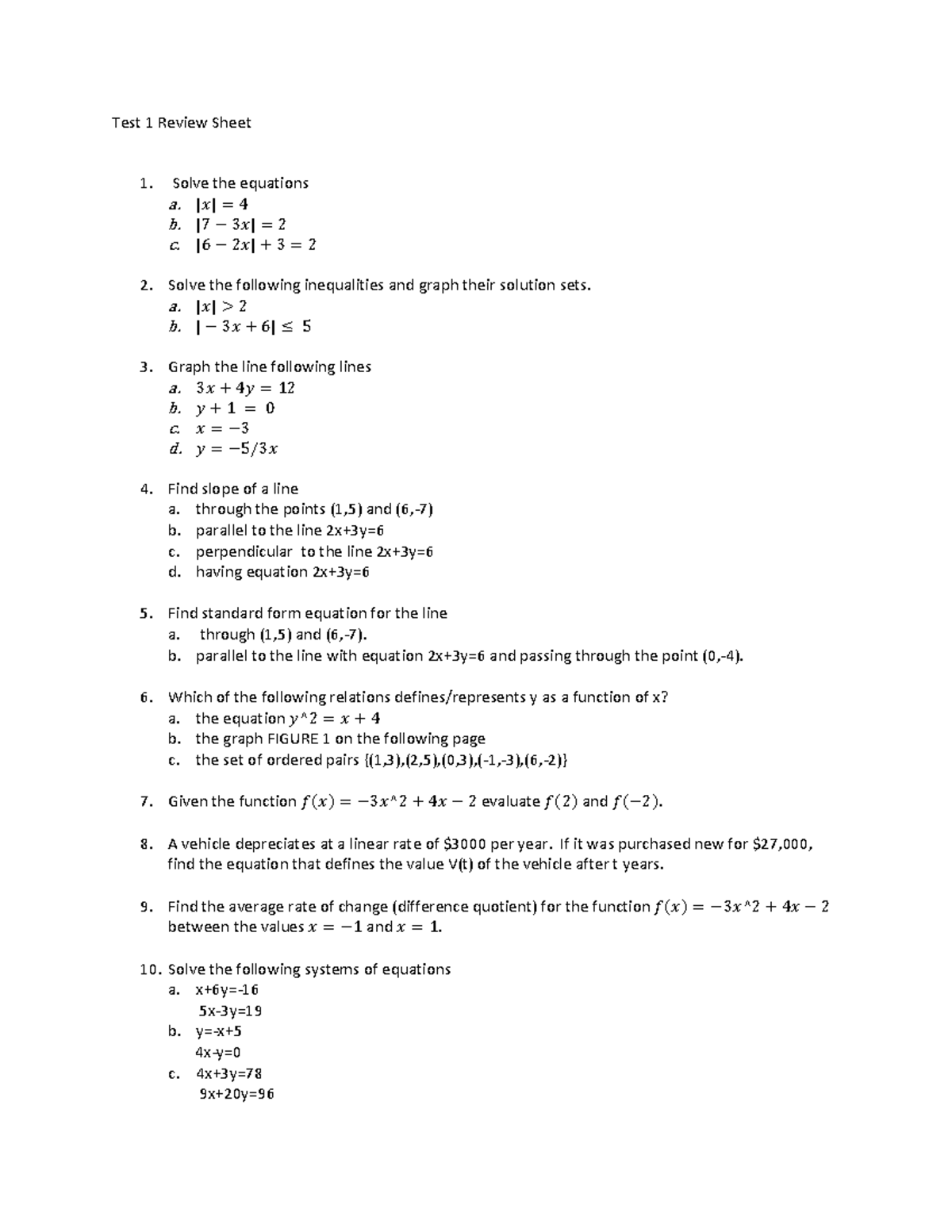 MAT117Test1Review Sheet - Test 1 Review Sheet 1. Solve the equations a ...