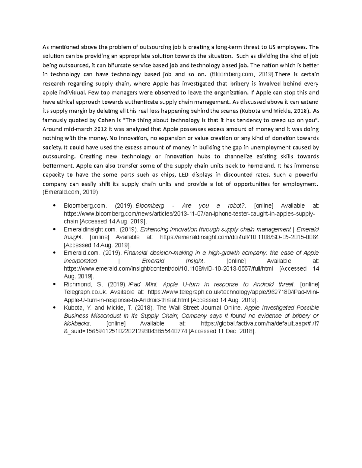 Apple case study group - As mentioned above the problem of outsourcing ...