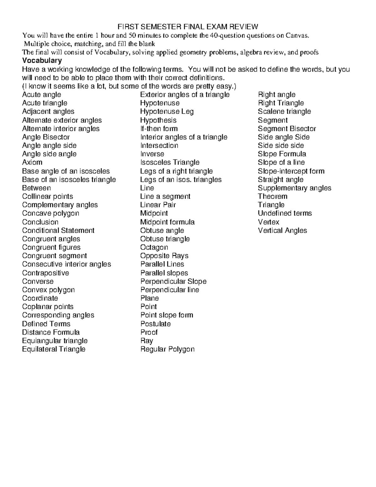 2021 First Semester Final EXAM Review - FIRST SEMESTER FINAL EXAM ...