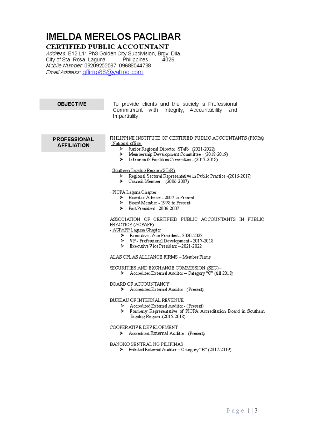 IMP Resume revised 2022 - P a g e 1 | 3 IMELDA MERELOS PACLIBAR CERTIFIED PUBLIC ACCOUNTANT ...