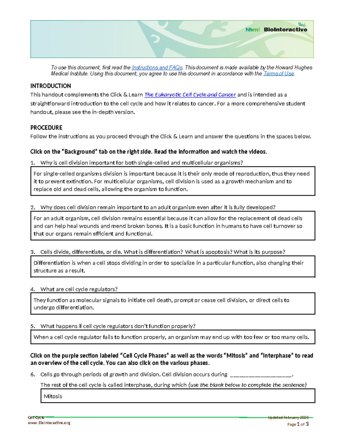 03 Cell Cycle and Cancer Worksheet - Click & Learn Student Worksheet ...