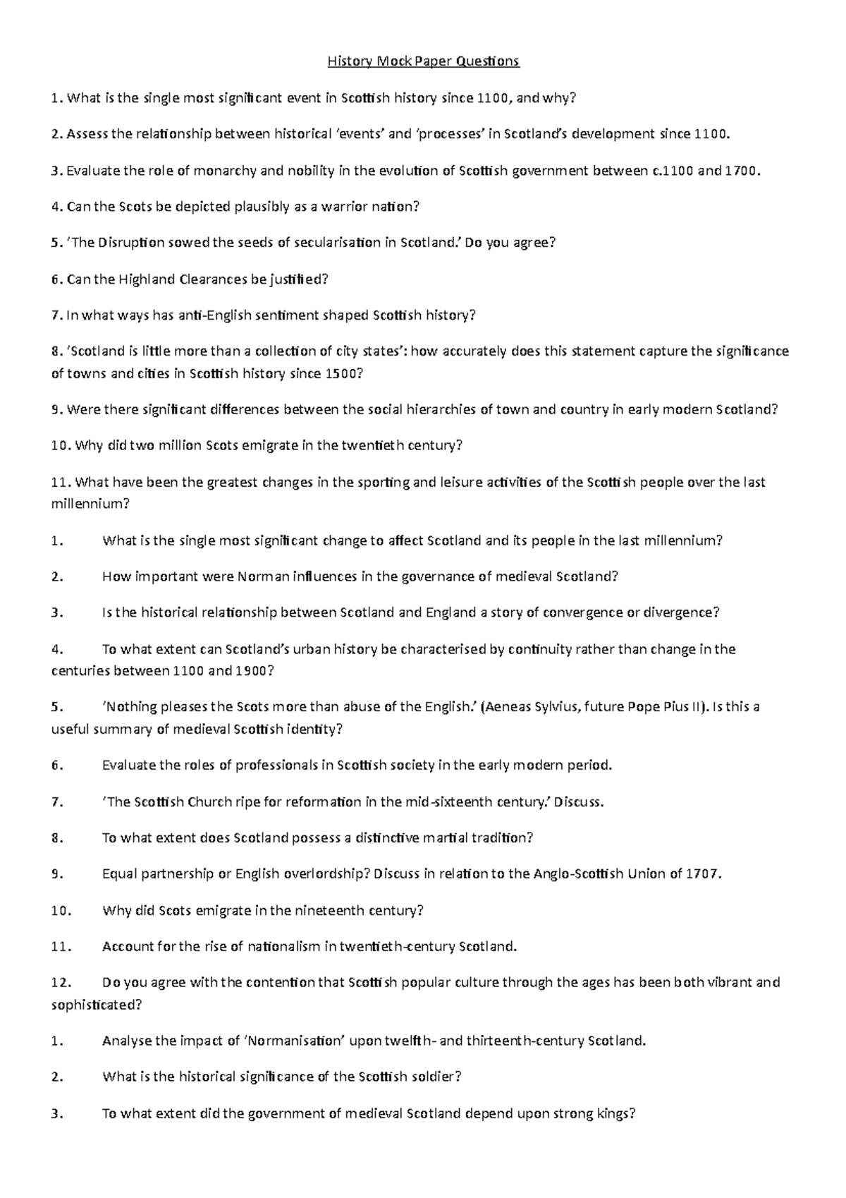 Sample/practice exam, questions - History Mock Paper Questions What is ...