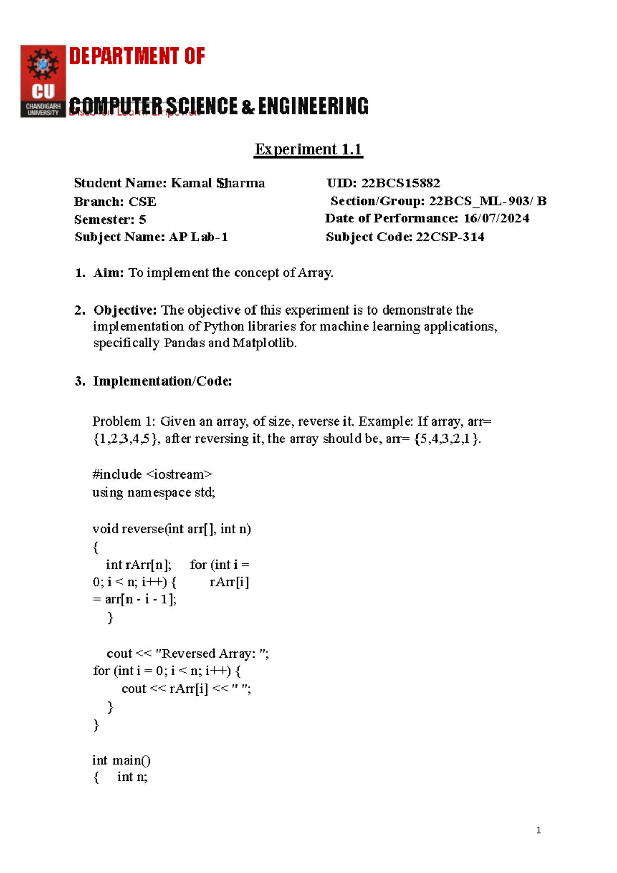 Deepak ap1 (2) merged - good - COMPUTER SCIENCE & ENGINEERING Experiment 1. † Branch: CSE - Studocu