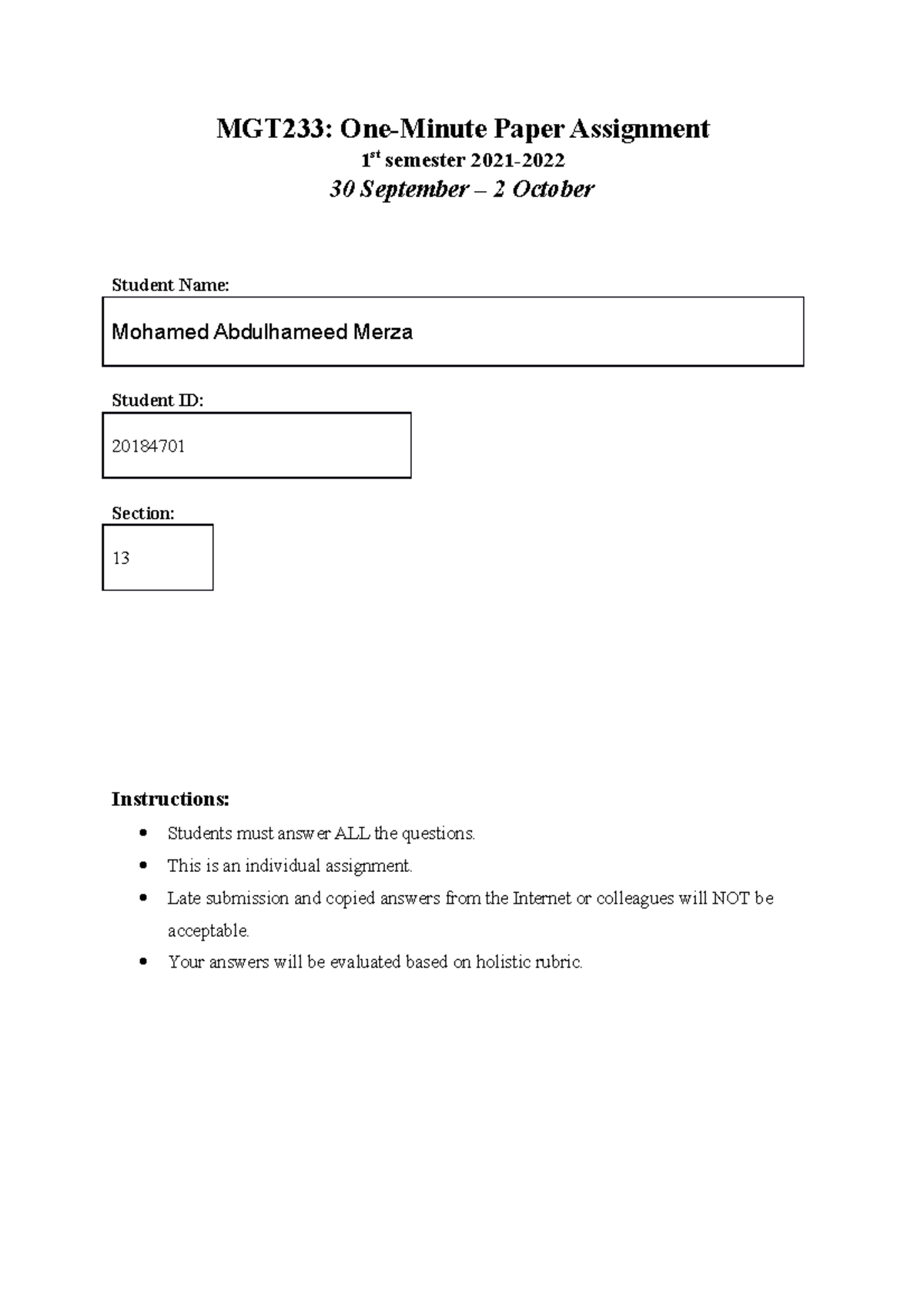 MGT233One Minute Paper Assignment - MGT233: One-Minute Paper Assignment ...