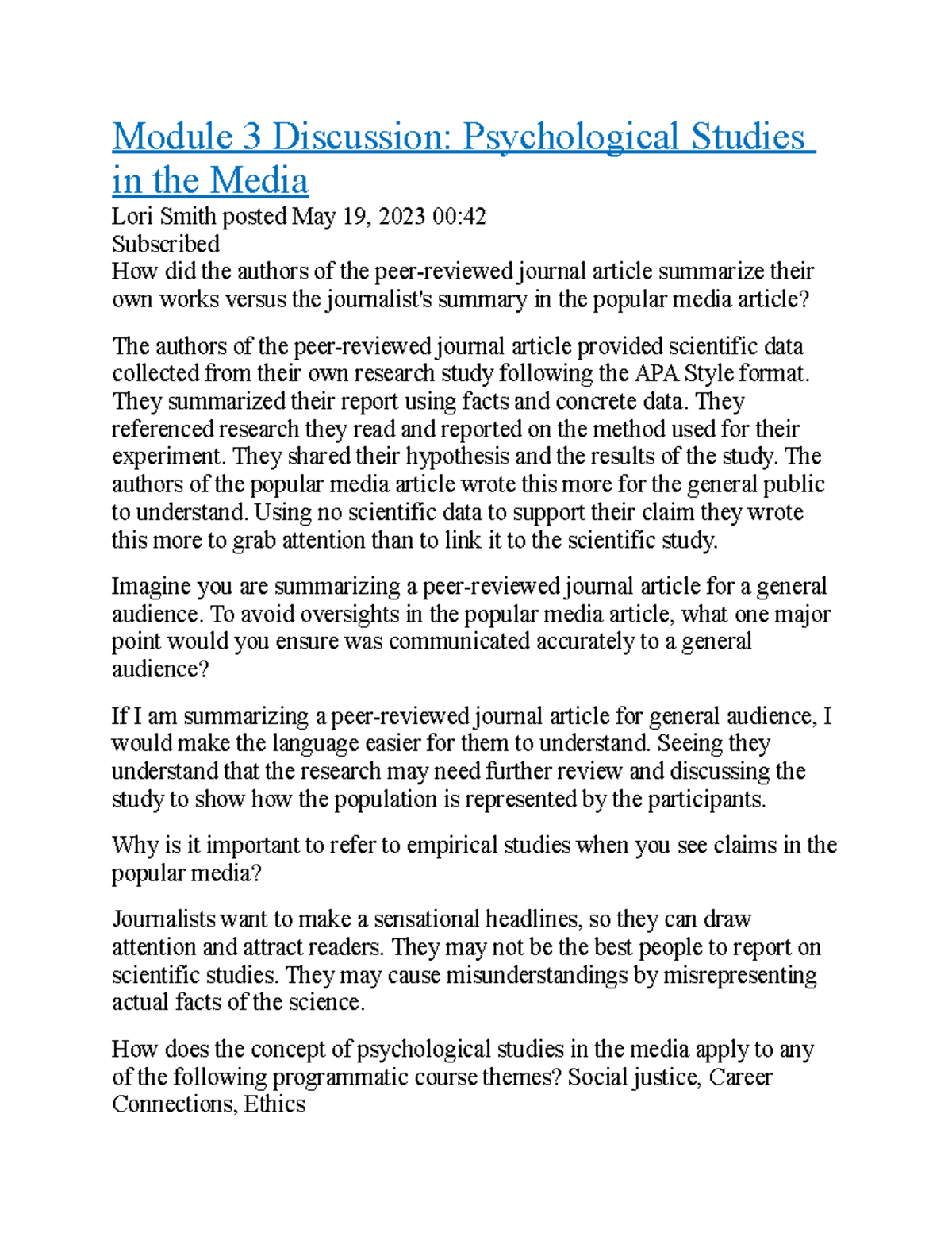 Module 3 Discussion Lori Smith - Module 3 Discussion: Psychological ...