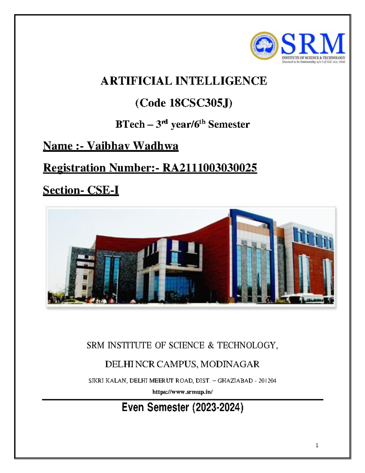 AI lab final - ARTIFICIAL INTELLIGENCE (Code 18CSC305J) BTech – 3 rd ...