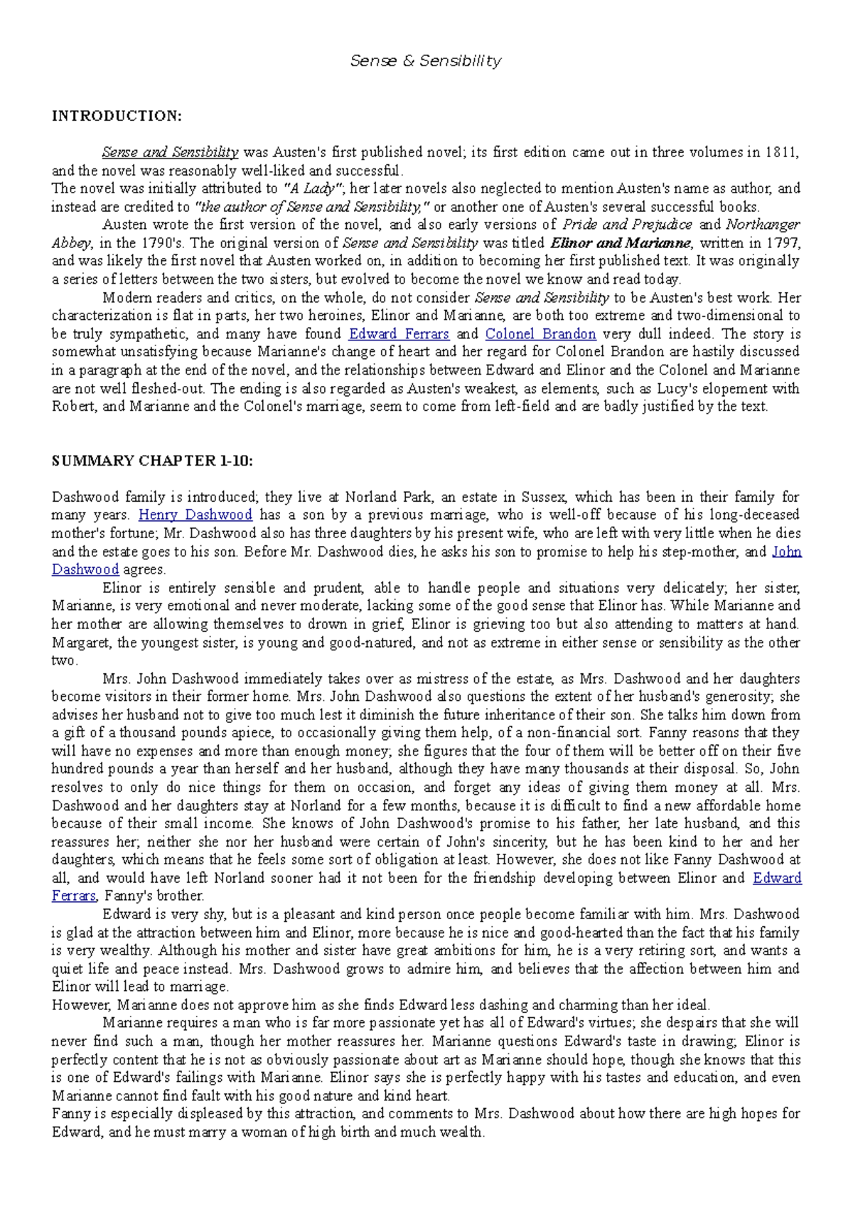 Sense and Sensibility analysis - Sense & Sensibility INTRODUCTION ...