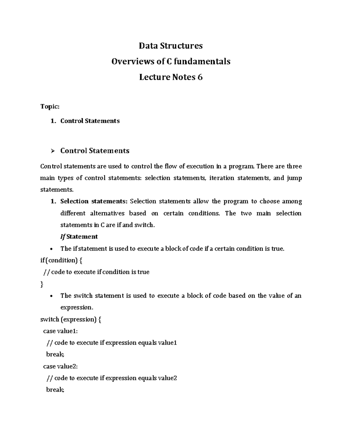 Data Structures Control Statements Data Structures Overviews Of C