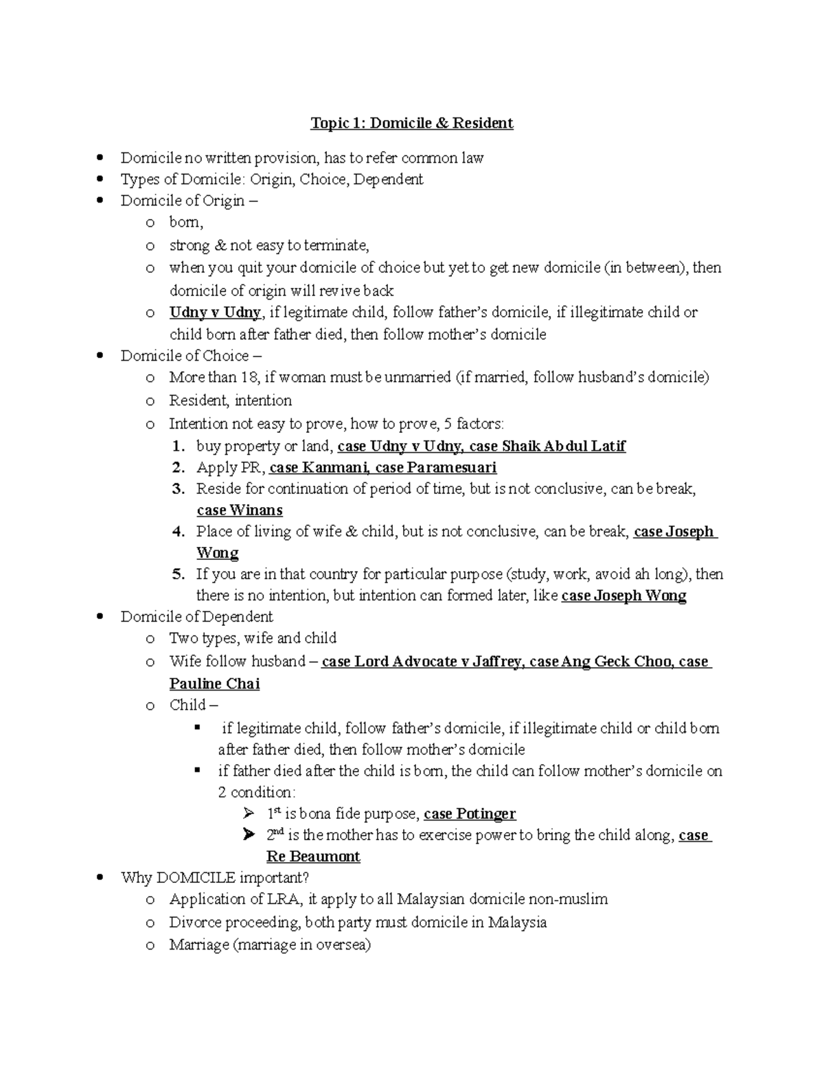 Family Law Summary for Entire Syllabus - Topic 1: Domicile & Resident ...