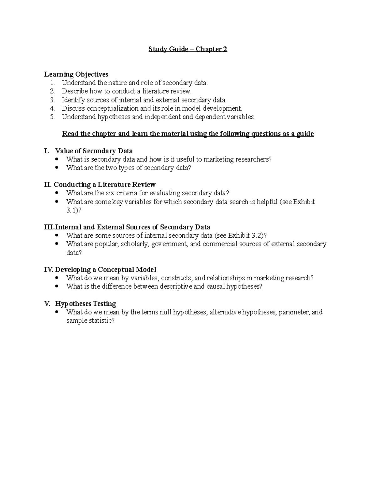 Chapter 3 Study Guide - Study Guide – Chapter 2 Learning Objectives 1. Understand the nature and ...