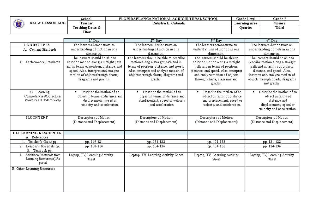 REC-Q3 Week1-2- Exemplar-DLL Grade 7 - DAILY LESSON LOG School ...