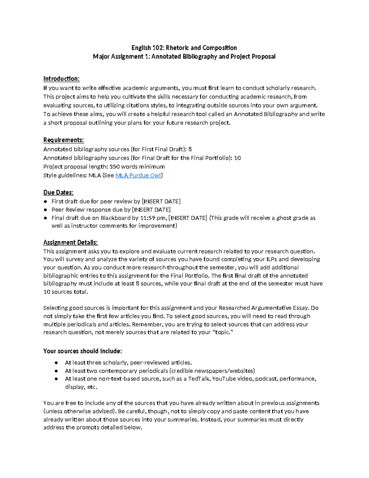 MWA 1 Annotated Bib and Proposal Assignment Sheet - English 102: Rhetoric and Composition Major ...