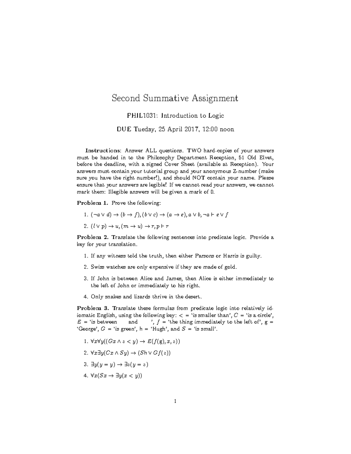 Logic Summative 2 - Second Summative Assignment PHIL1031: Introduction ...