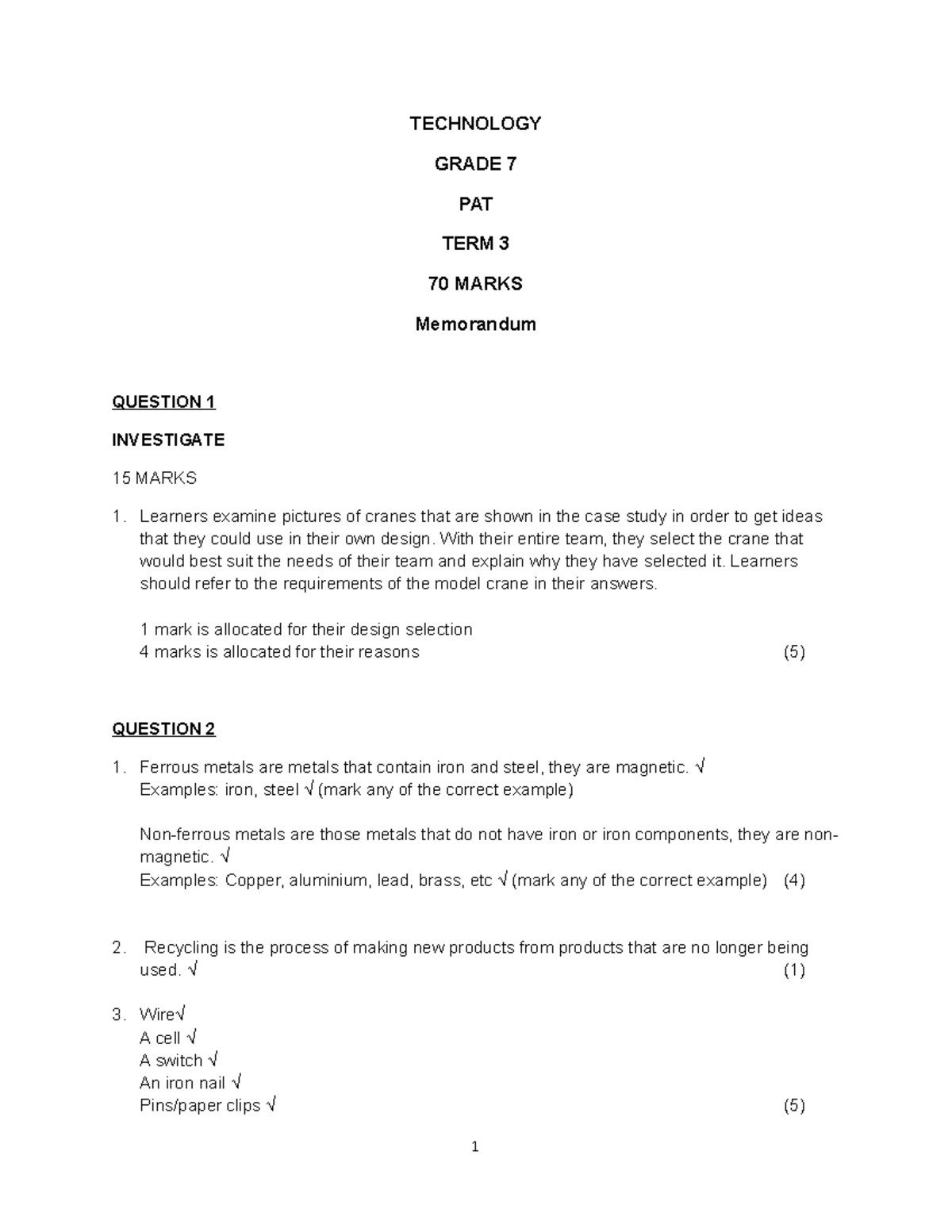 PAT 2 TERM 3 MEMO - How task is set - TECHNOLOGY GRADE 7 PAT TERM 3 70 ...