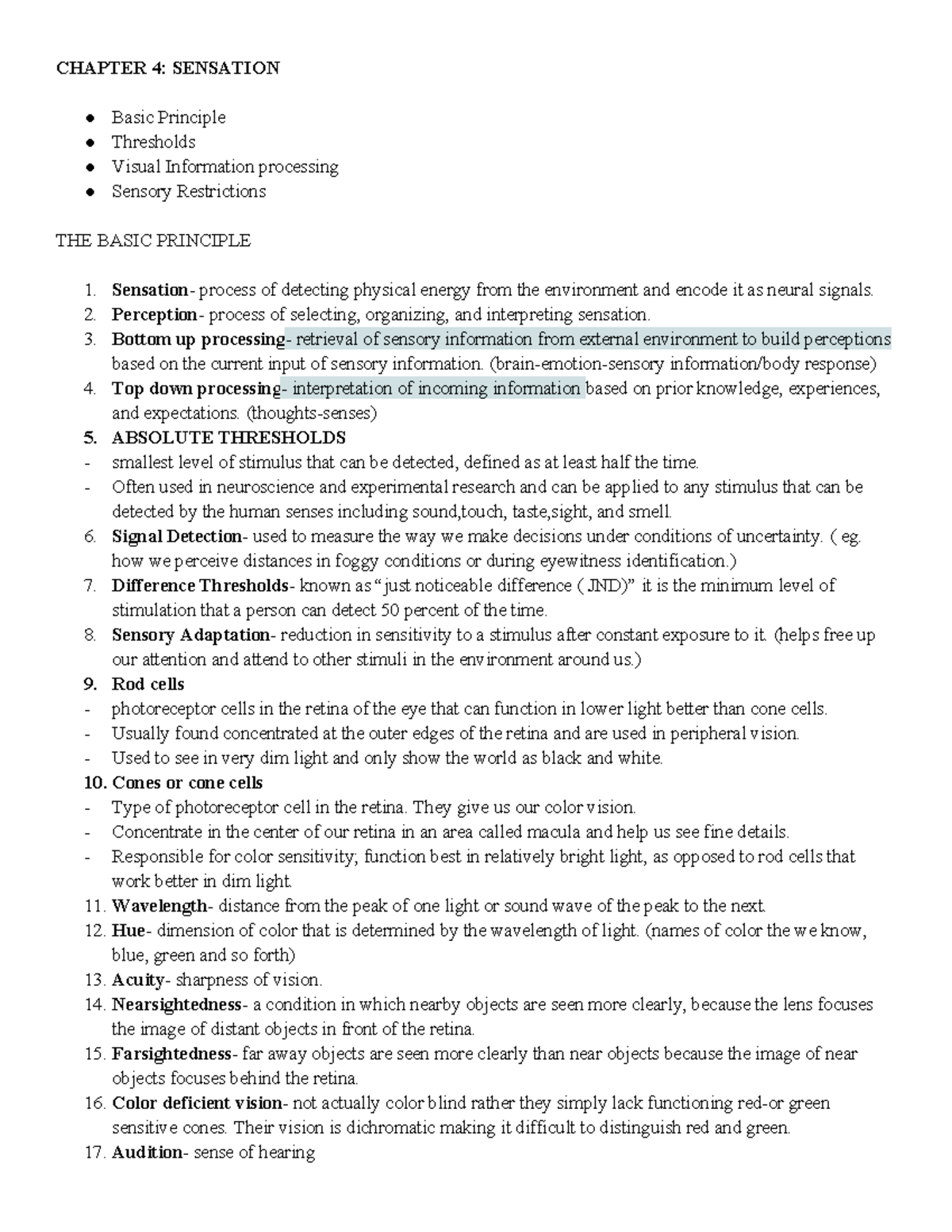 Sensation - Notes for Introduction to Psychology - CHAPTER 4: SENSATION ...