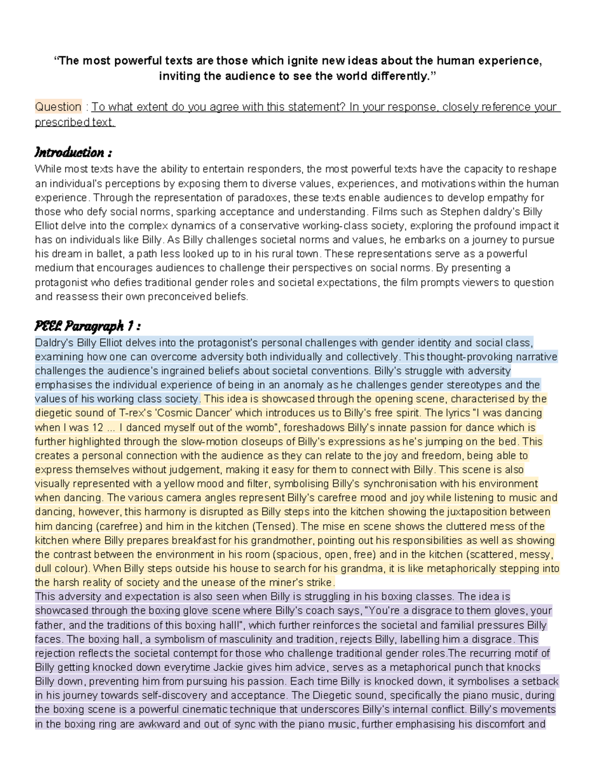 Struggle with Adversity Essay - Billy Elliot - “The most powerful texts ...