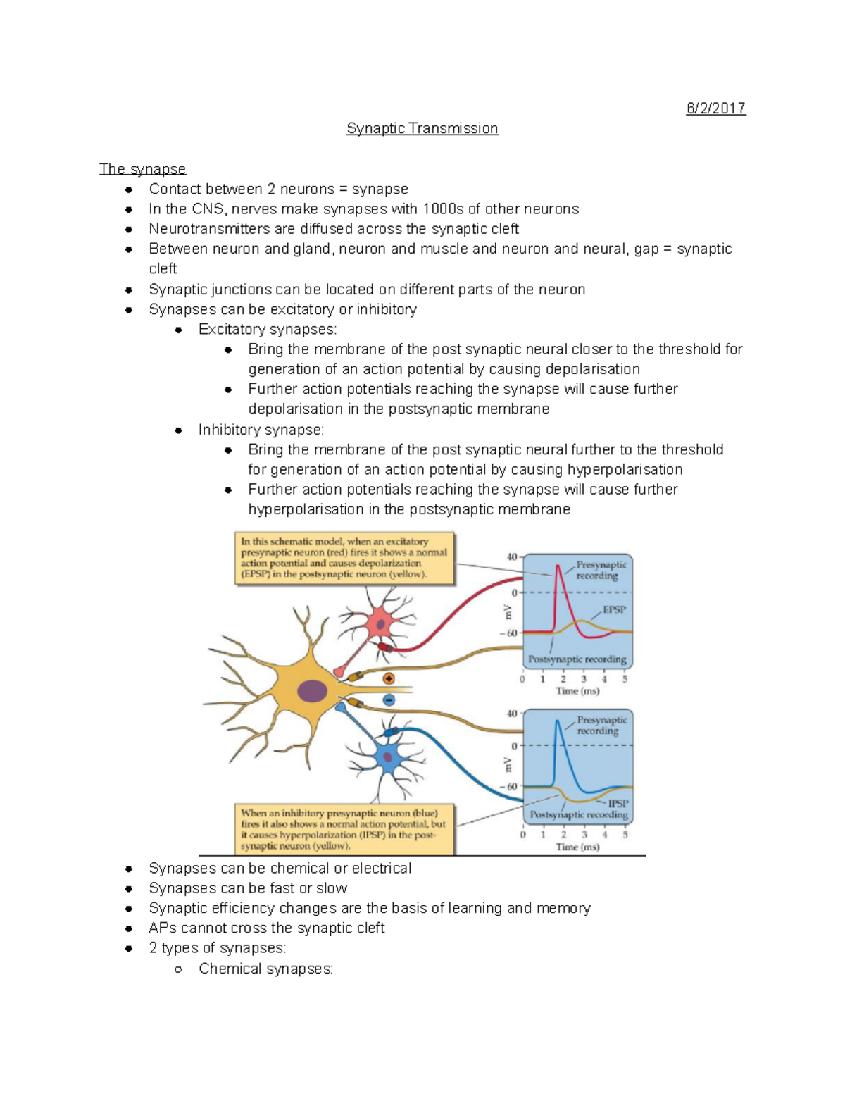 11. Synaptic Transmission - 6/2/ Synaptic Transmission The synapse ...