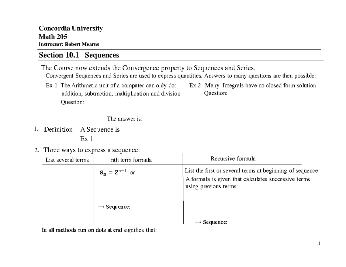 Note Outline Sec 10.1 Sequences - Convergent Sequences and Series are ...