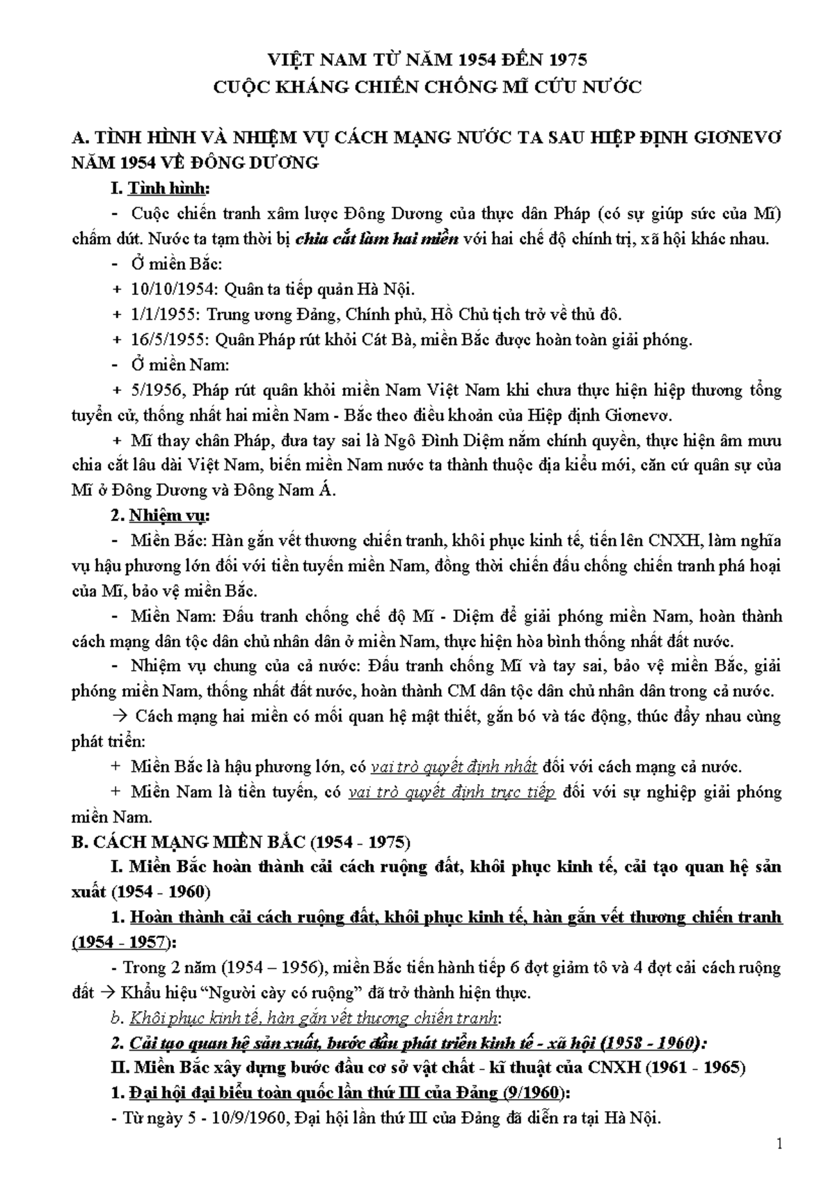 LSVN-1954-2000-ÔN-THI - VIỆT NAM TỪ NĂM 1954 ĐẾN 1975 CUỘC KHÁNG CHIẾN CHỐNG MĨ CỨU NƯỚC A. TÌNH ...