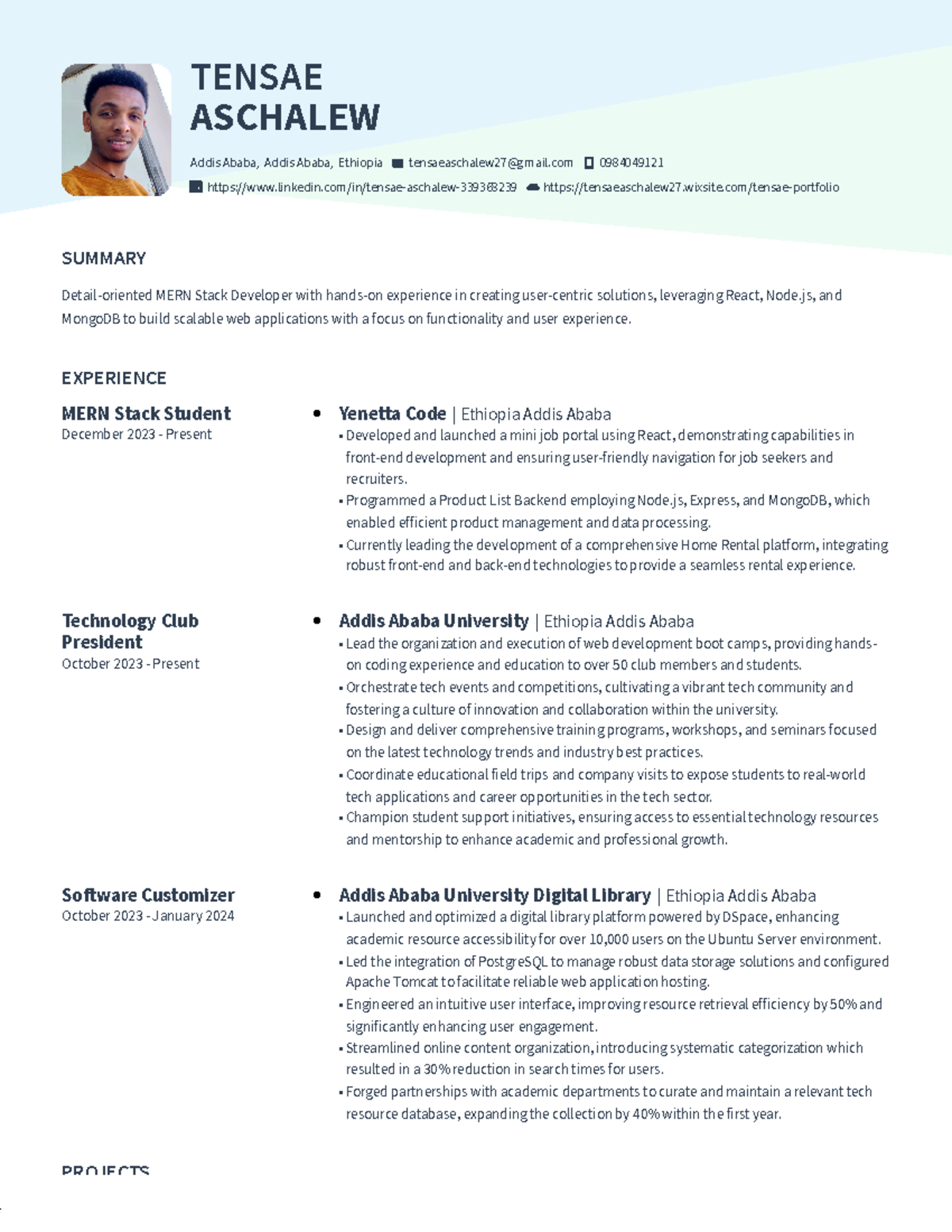 Tensae Aschalew Resume - . . TENSAE ASCHALEW Addis Ababa, Addis Ababa ...