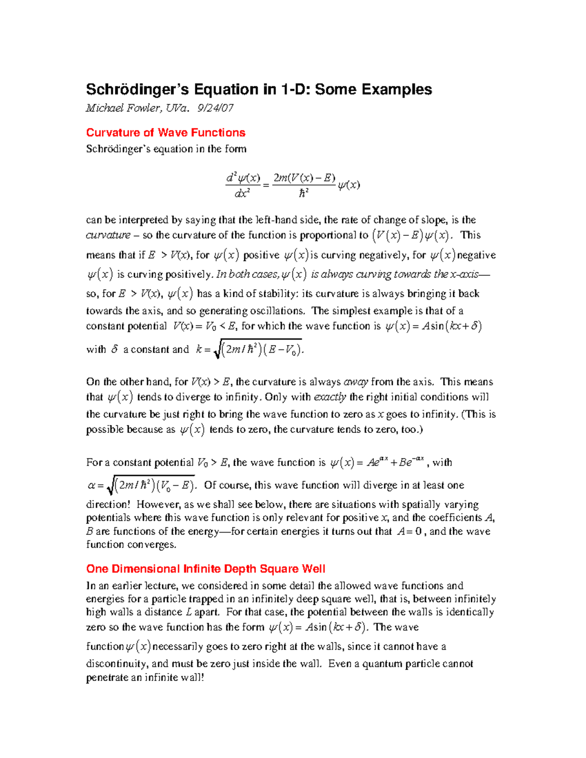 One Dim Schr - Formula - Schrödinger’s Equation in 1-D: Some Examples ...