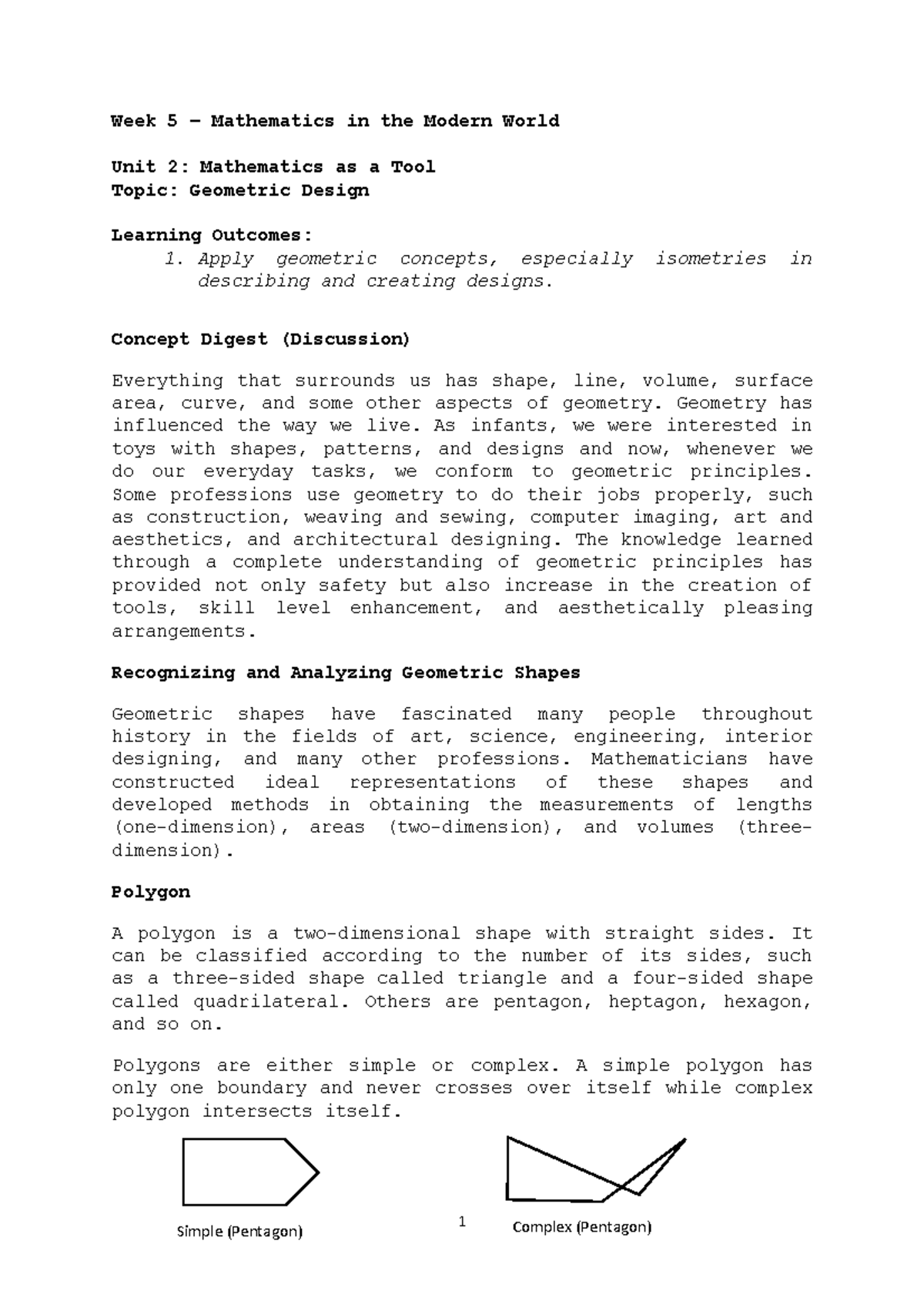 Geometric Design - Week 5 – Mathematics in the Modern World Unit 2 ...