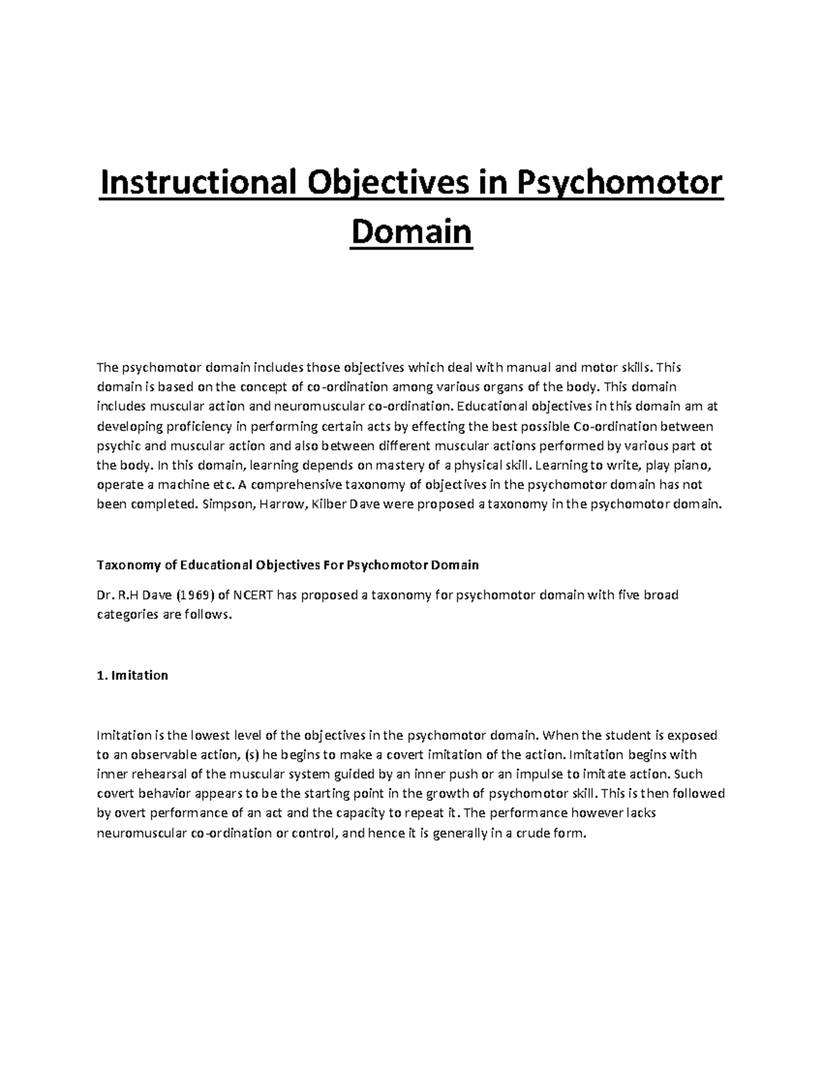 Instructional Objectives in Psychomotor Domain - Instructional ...